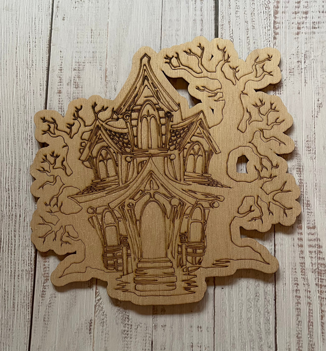 Spooky Haunted House Wood Plaque. DIY wood cutout. Unfinished laser cu ...