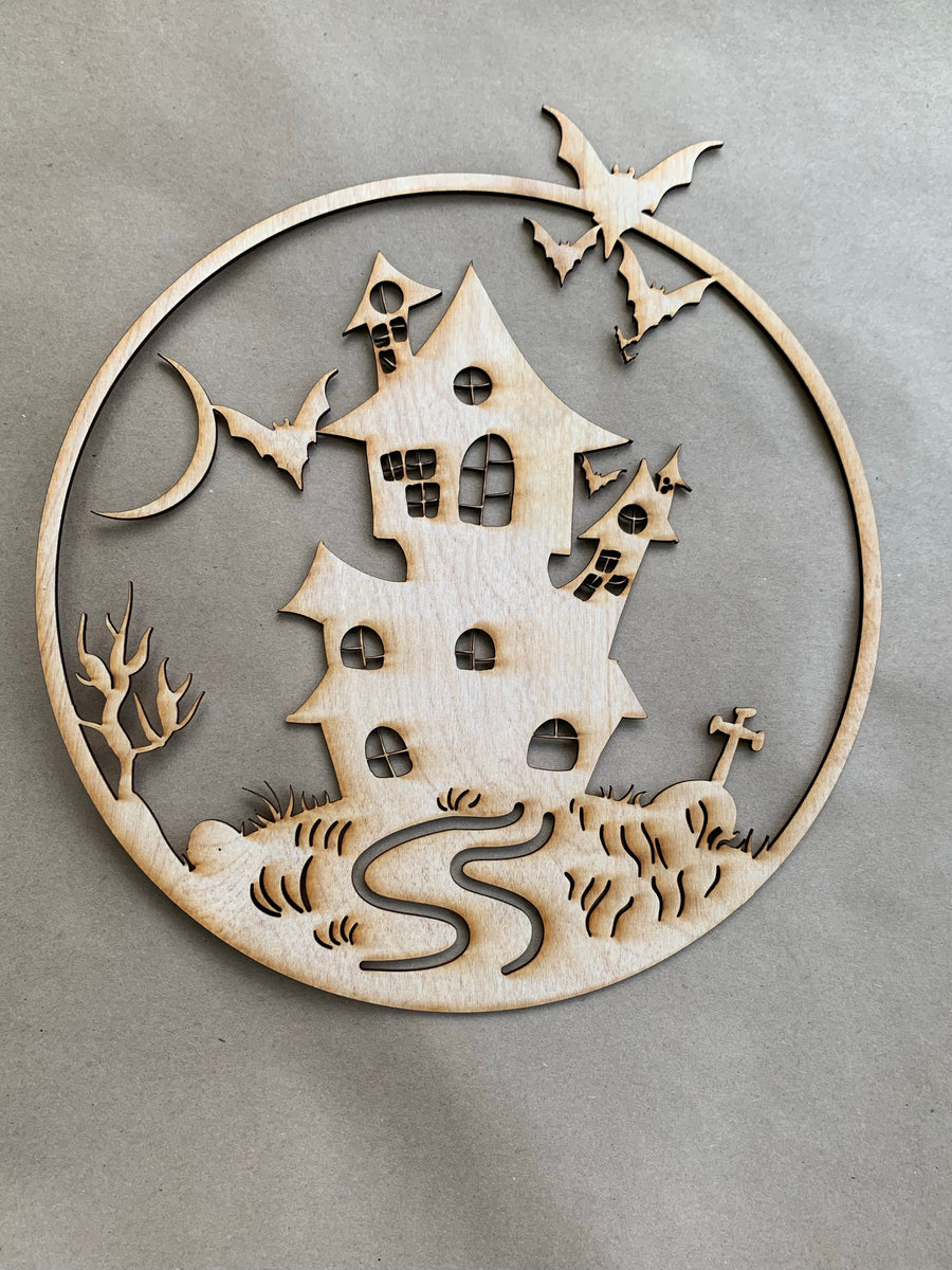 Haunted House Round Unfinished Wood frame. Resin art frame. DIY wood c ...